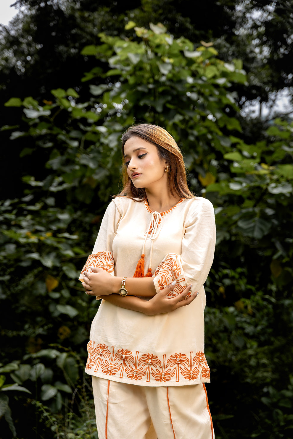 Beige Linen Cording Work Co-ord Set | Vihara Fashions